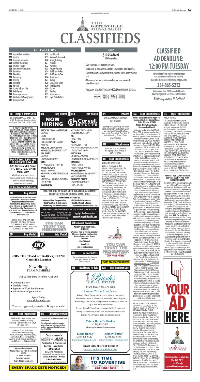 Classifieds - The Gatesville Messenger