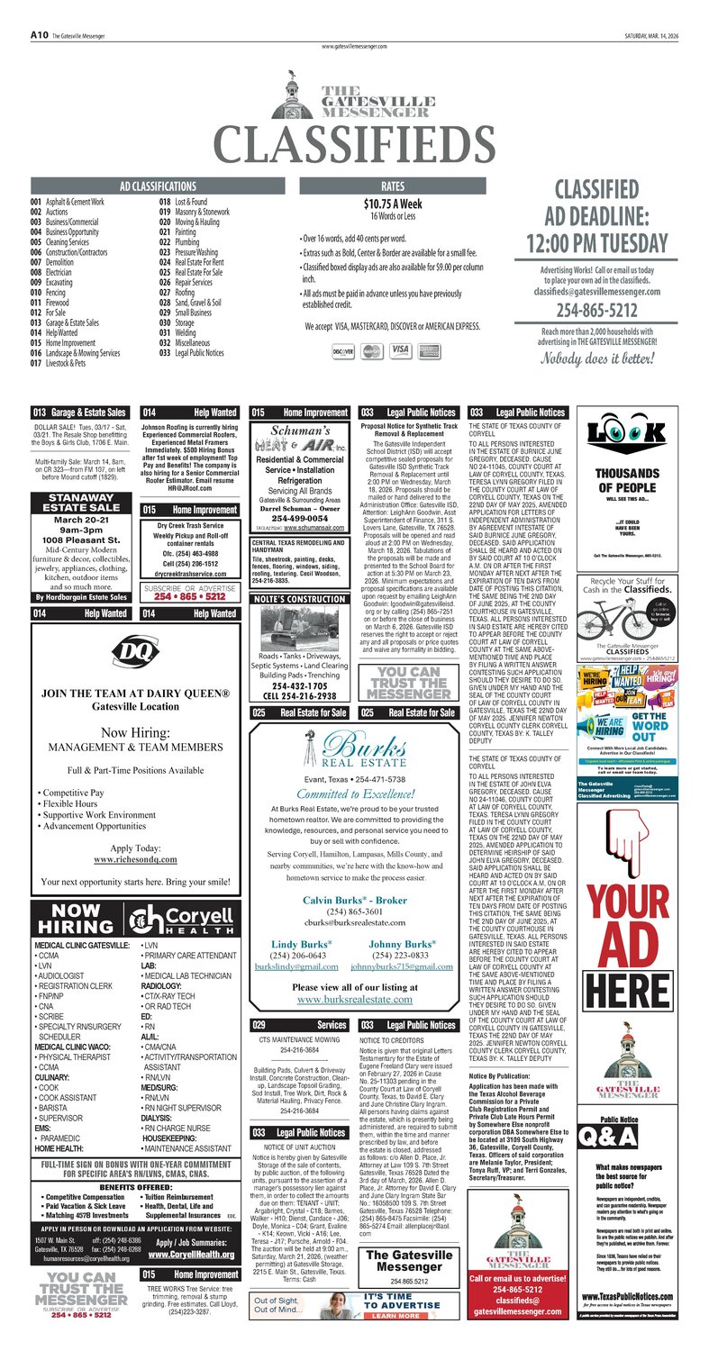 Classifieds - The Gatesville Messenger