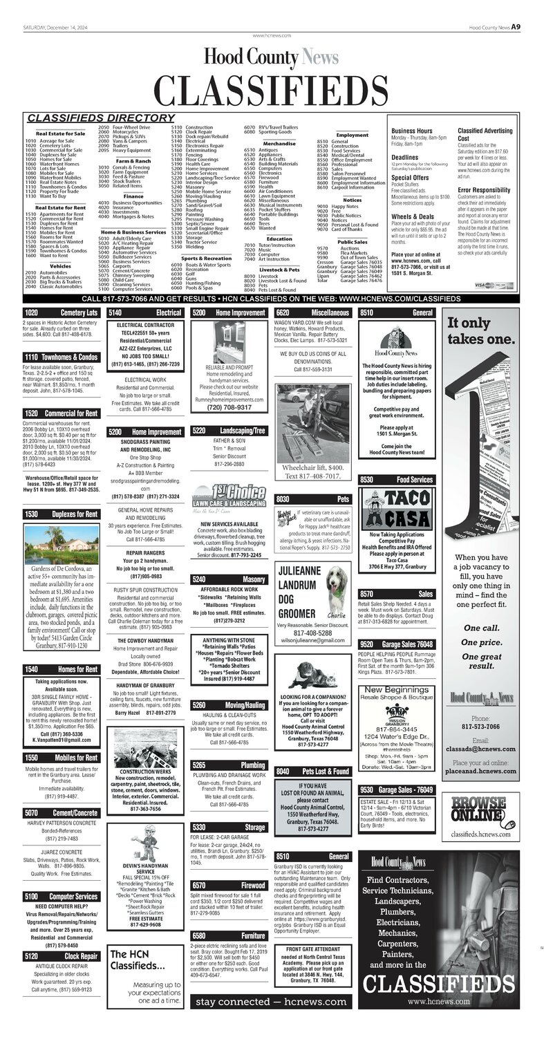 CLASSIFIEDS | Saturday December 14, 2024 - Hood County News