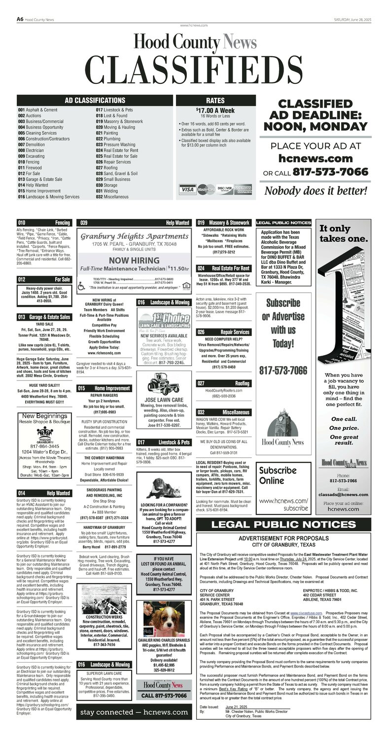 CLASSIFIEDS | Saturday June 28, 2025 - Hood County News