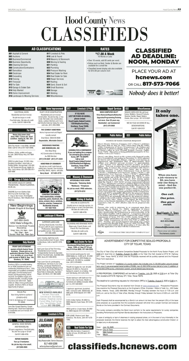 CLASSIFIEDS | Saturday July 26, 2025 - Hood County News