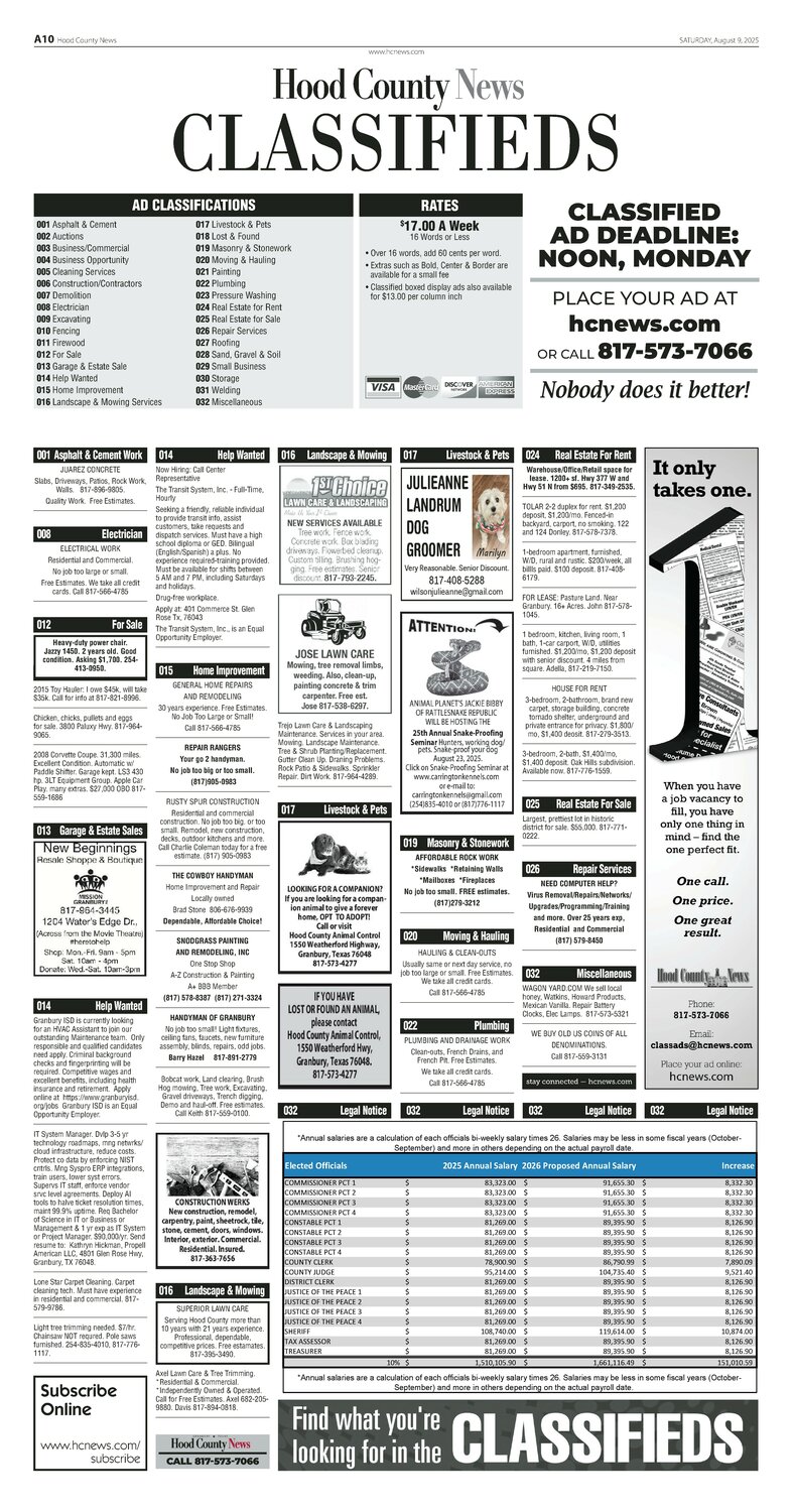 CLASSIFIEDS | Saturday August 9, 2025 - Hood County News