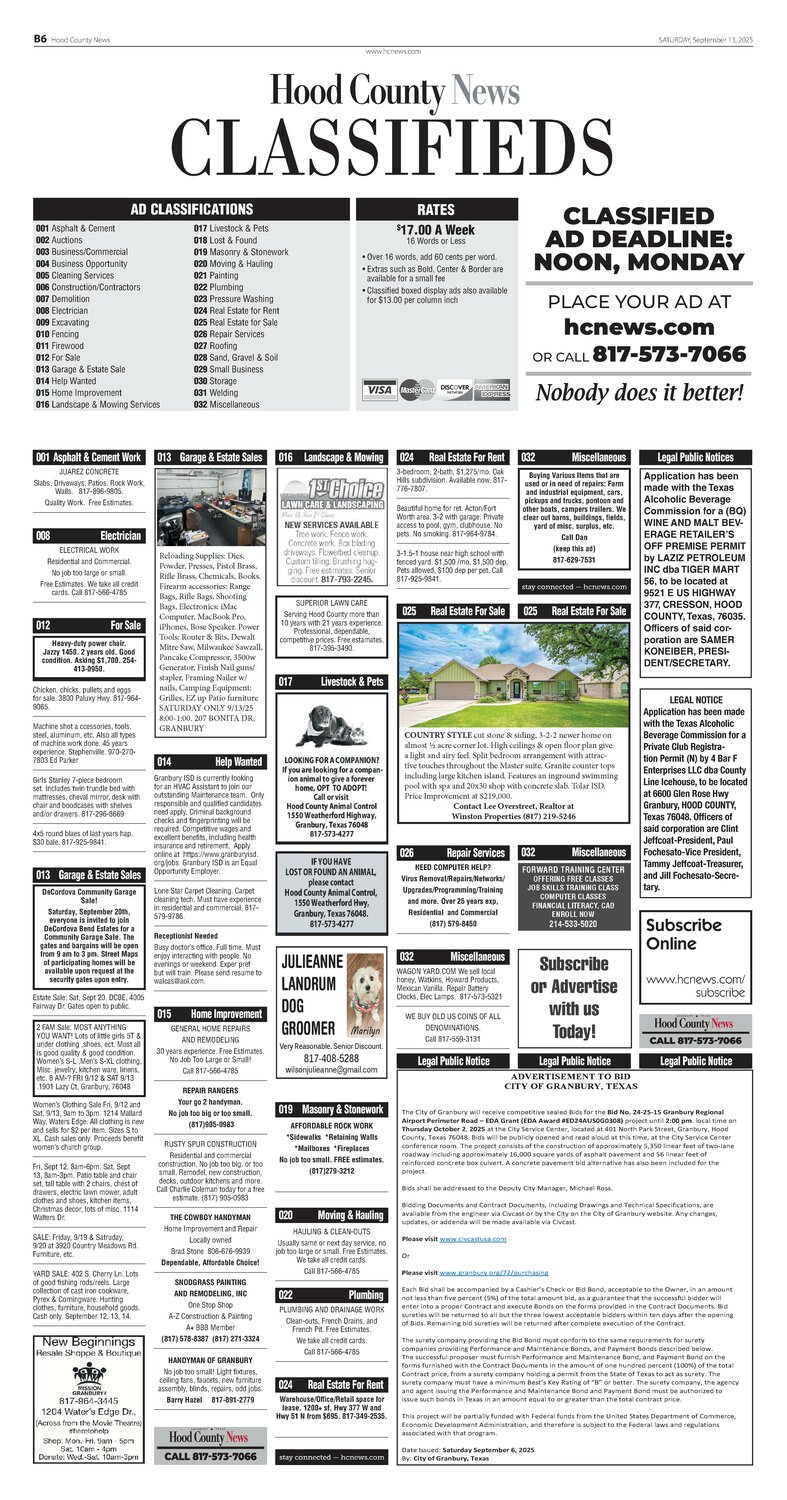 CLASSIFIEDS | Saturday September 13, 2025 - Hood County News