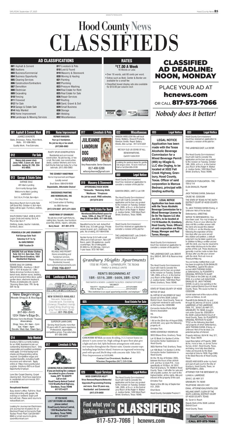 CLASSIFIEDS | Saturday September 27, 2025 - Hood County News