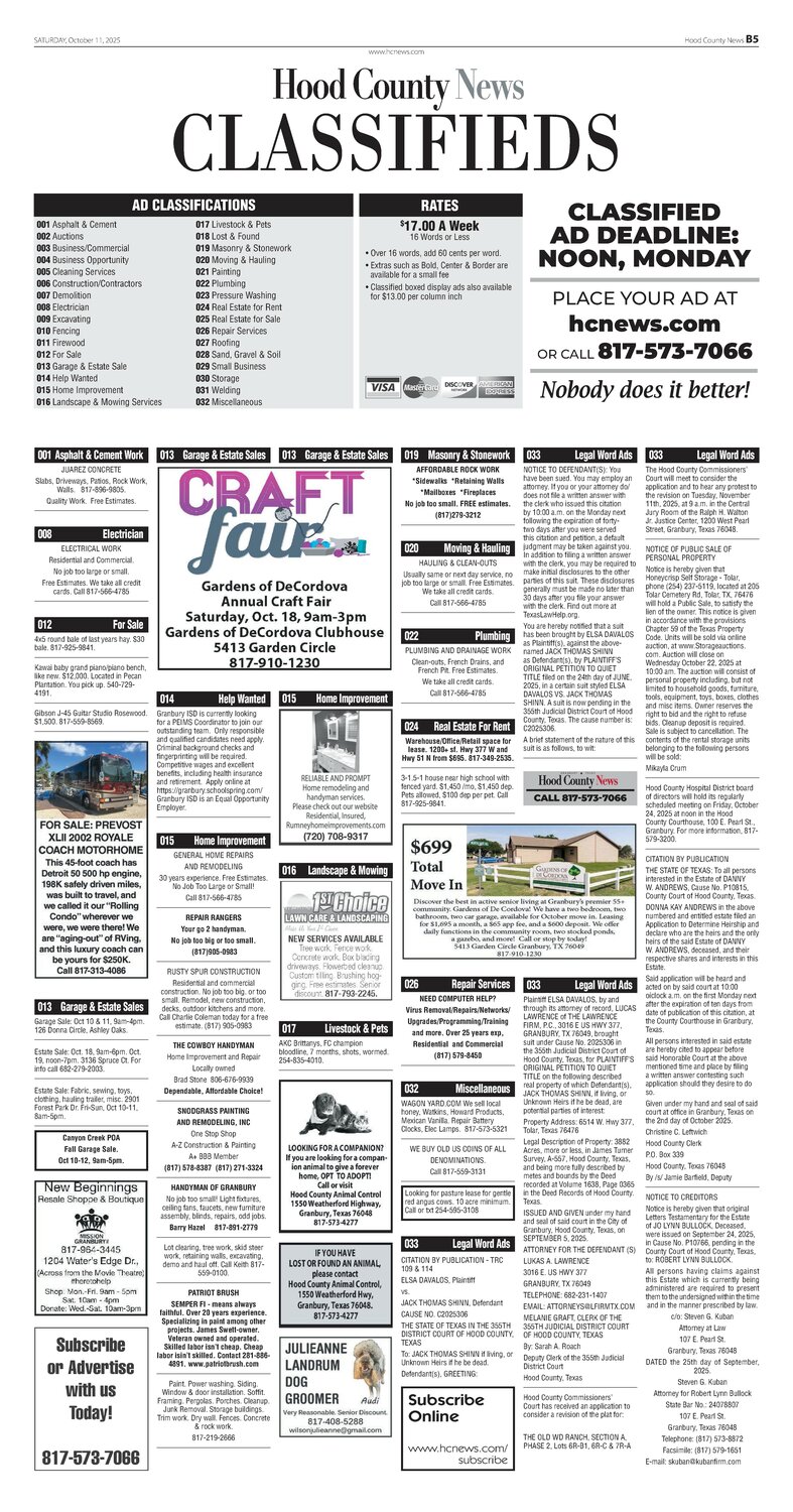 CLASSIFIEDS | Saturday October 11, 2025 - Hood County News