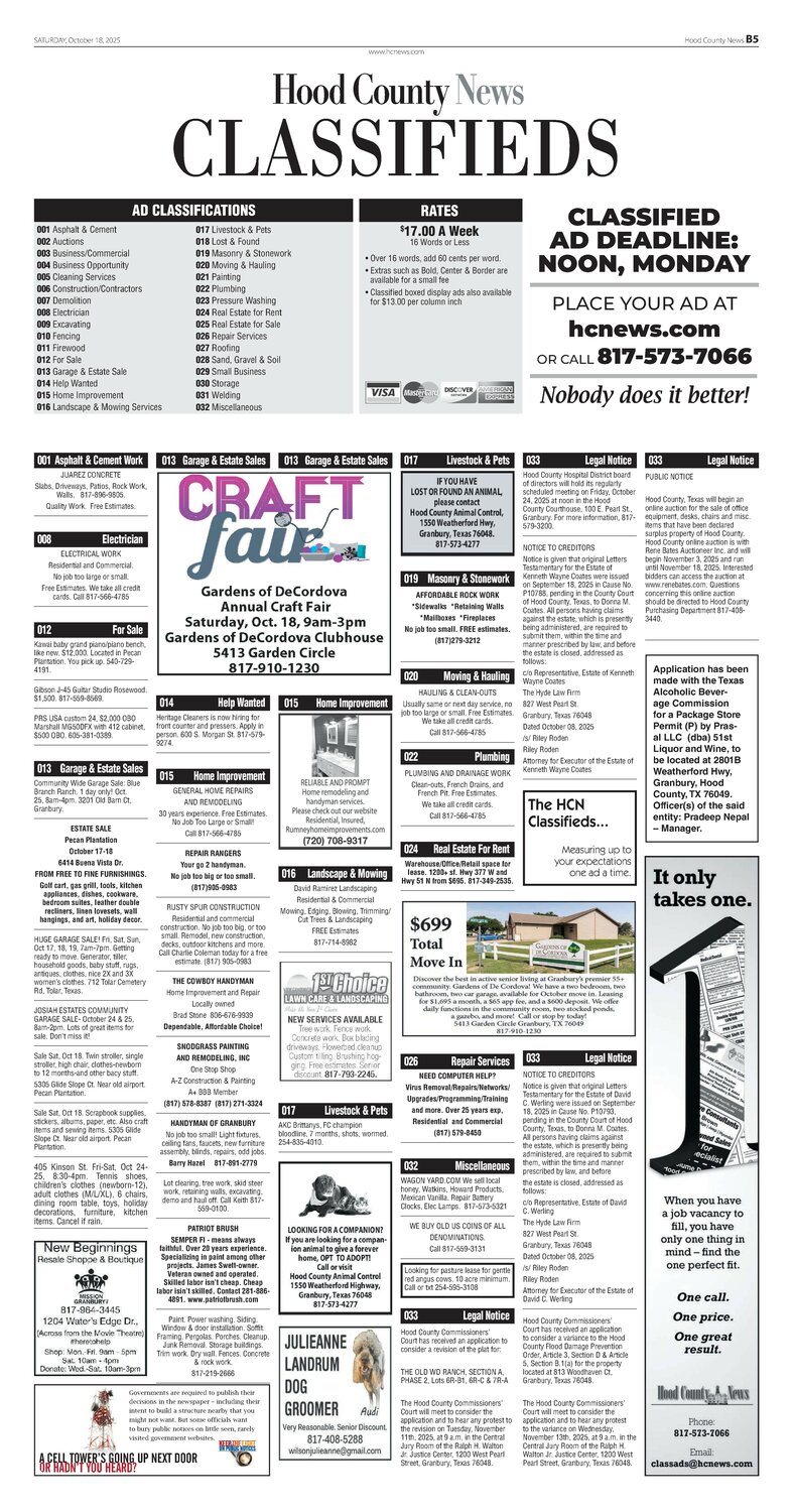 CLASSIFIEDS | Saturday October 18, 2025 - Hood County News