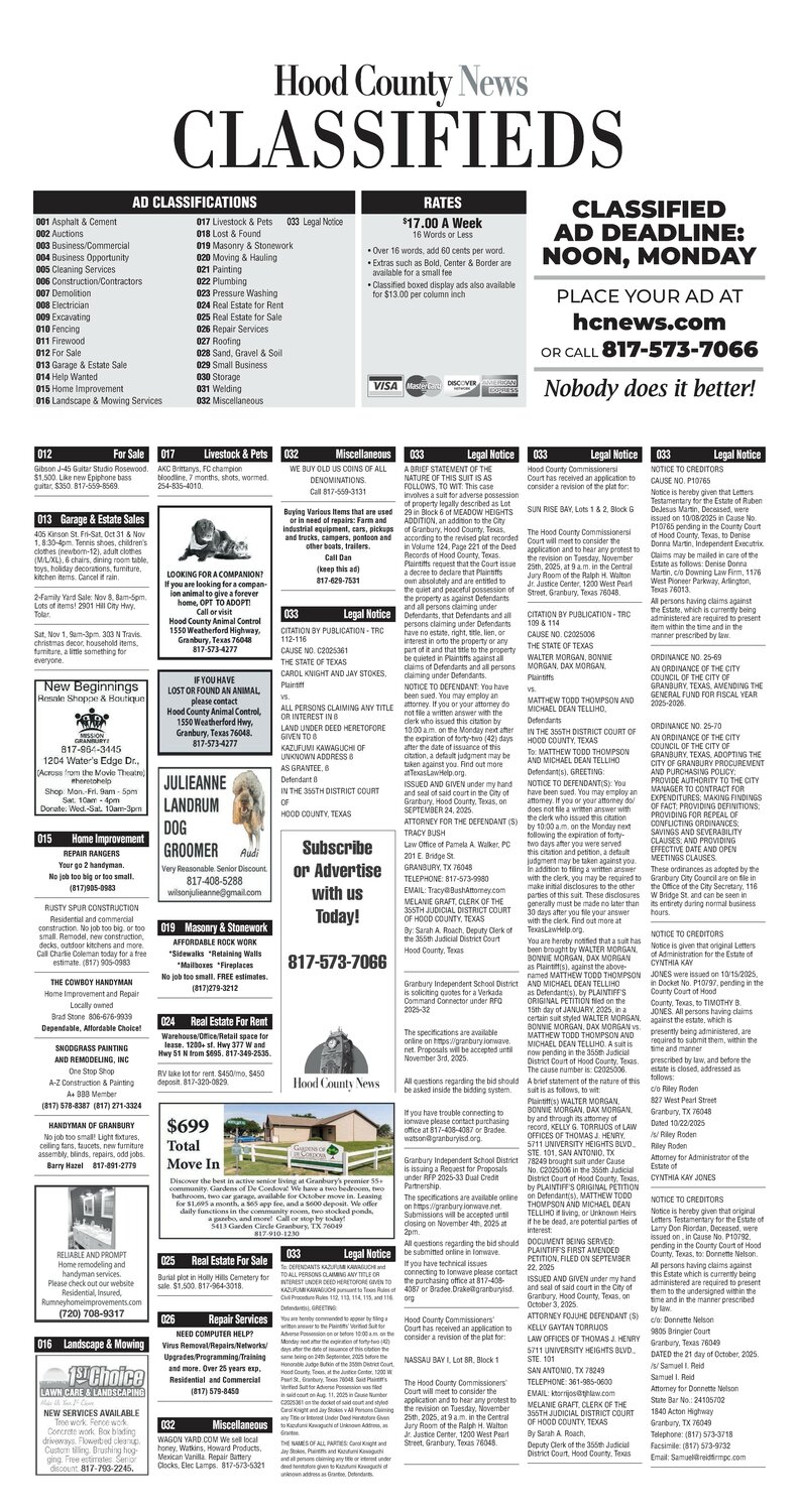 CLASSIFIEDS | Saturday November 1, 2025 - Hood County News