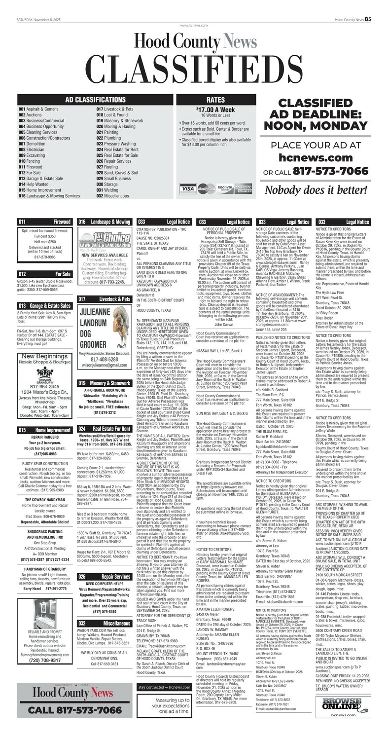 CLASSIFIEDS | Saturday November 8, 2025 - Hood County News