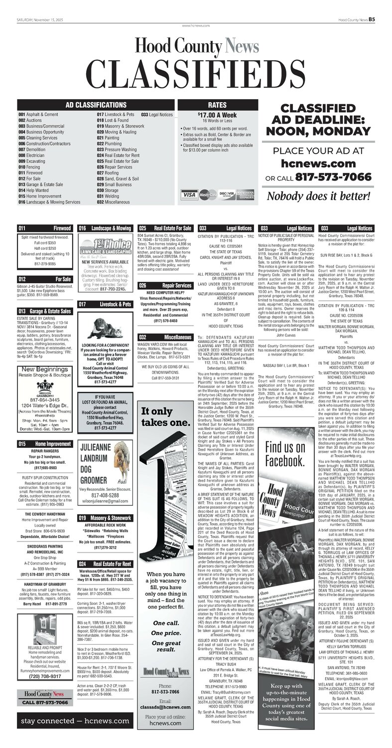 CLASSIFIEDS | Saturday November 15, 2025 - Hood County News