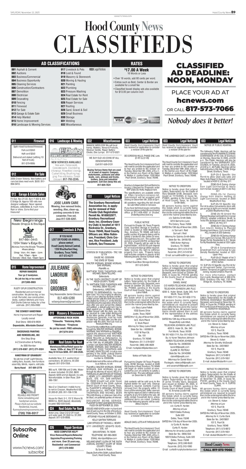 CLASSIFIEDS | Saturday November 22, 2025 - Hood County News