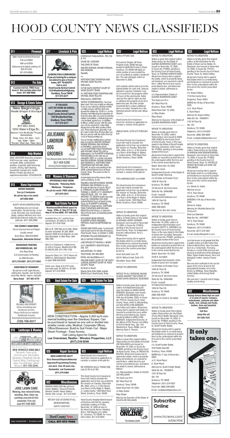 CLASSIFIEDS | Saturday November 29, 2025 - Hood County News