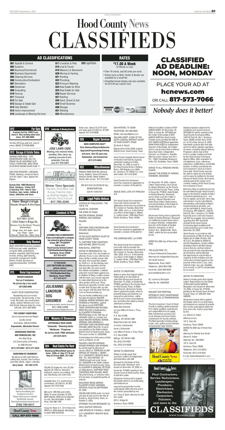 CLASSIFIEDS | Saturday December 6, 2025 - Hood County News