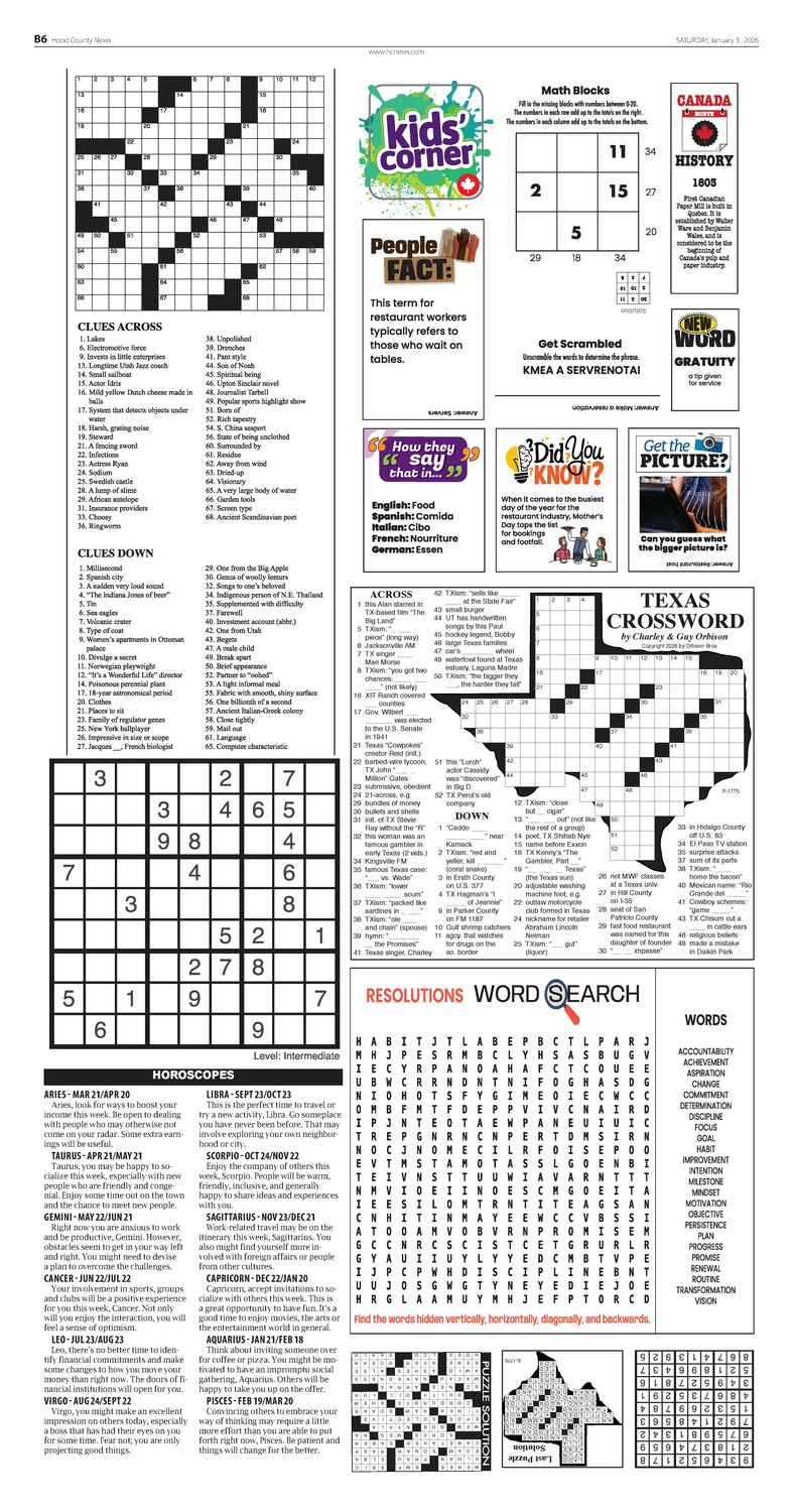 PUZZLE PAGE | Saturday January 3, 2026 - Hood County News