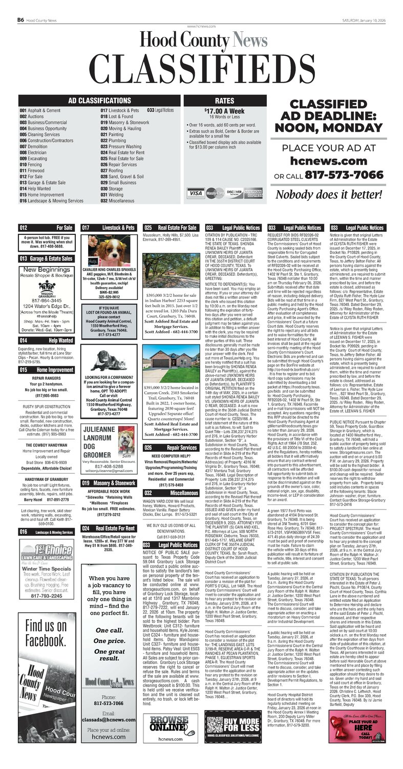 CLASSIFIEDS | Saturday January 10, 2026 - Hood County News