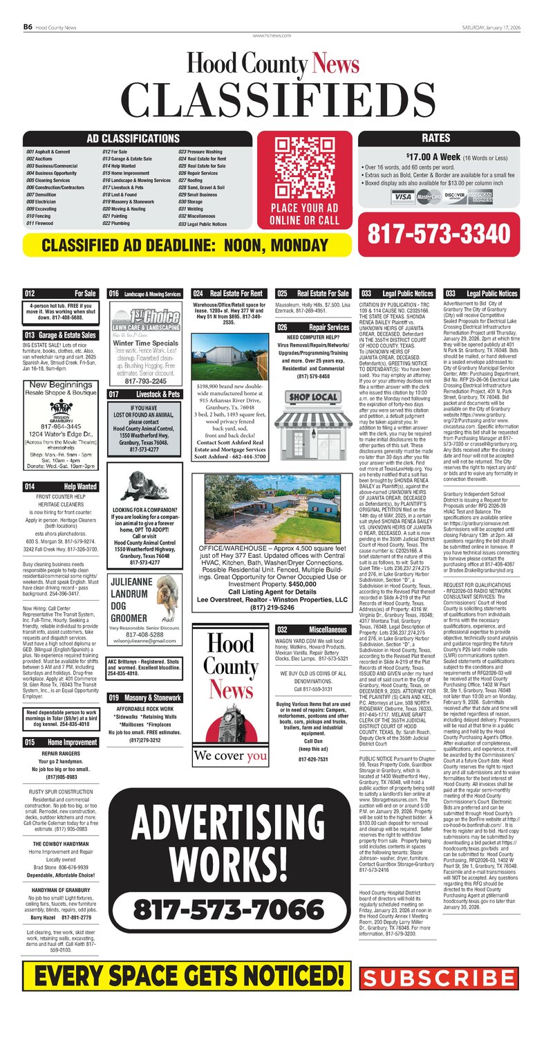 CLASSIFIEDS | Saturday January 17, 2026 - Hood County News