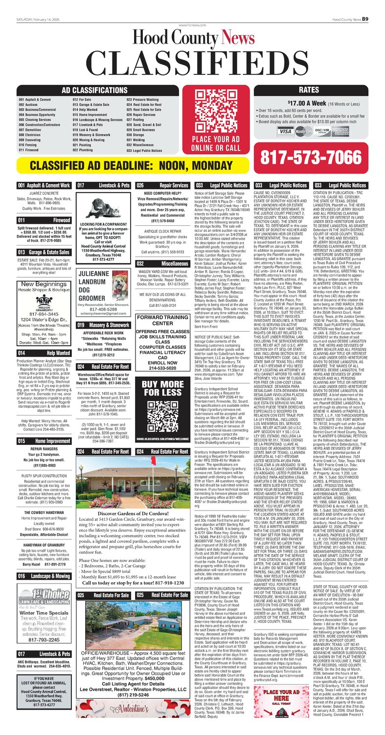 CLASSIFIEDS | Saturday February 14, 2026 - Hood County News