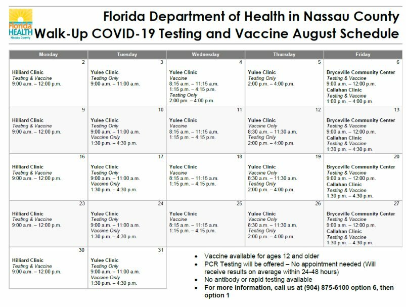 FDOH-Nassau COVID-19 Testing and Vaccine Schedule for August ...