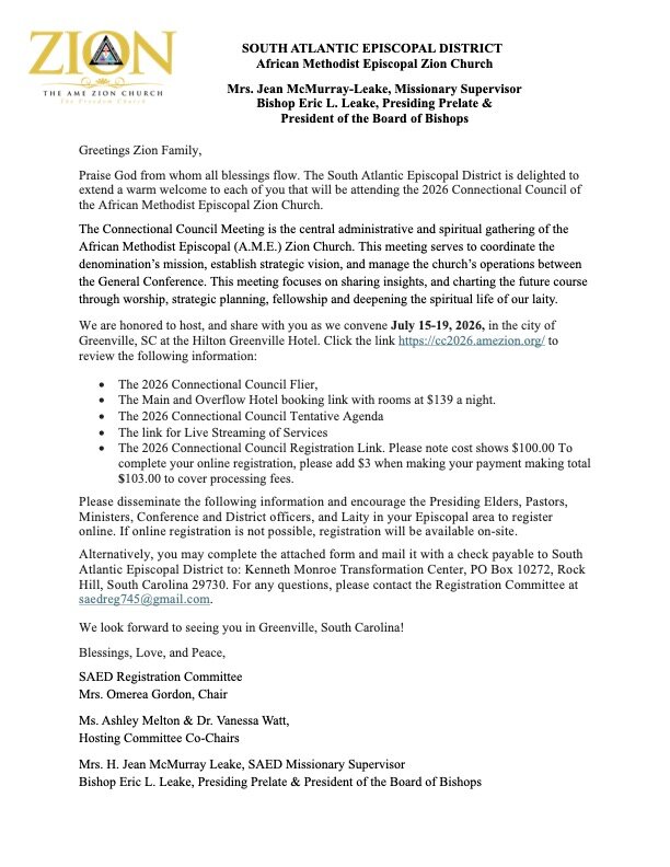 2026 Connectional Council Registration Letter - Star of Zion